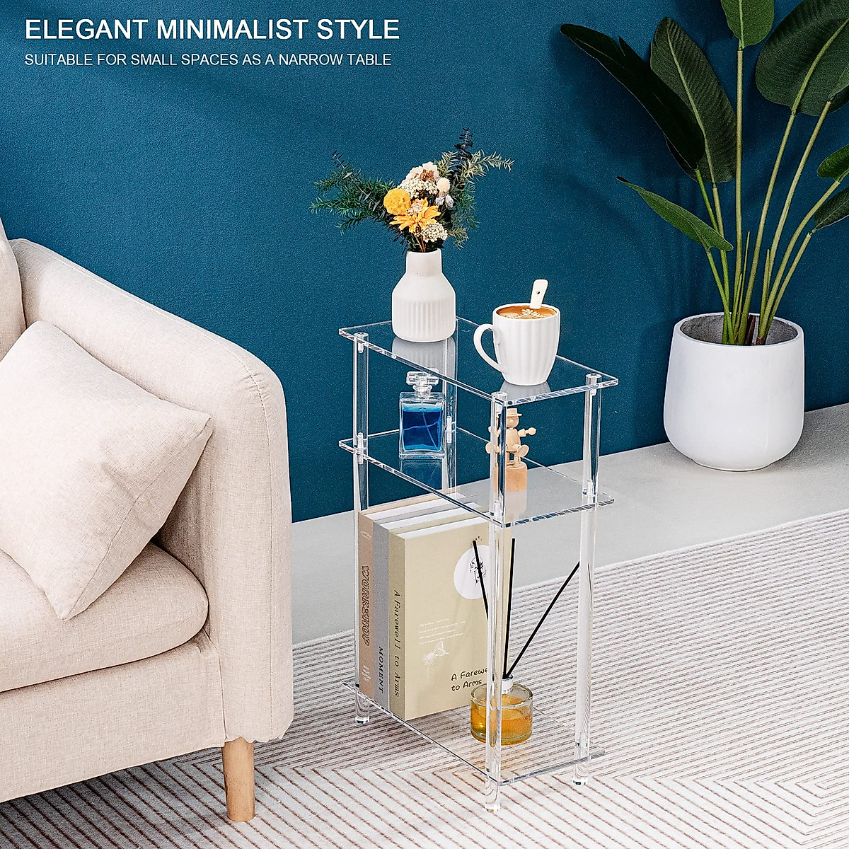 HMYHUM Acrylic Narrow Side Table for Small Spaces, 7" Wide Skinny Nightstand/Bedside Table for Bedroom, Slim Small End Table, 3 Tier, 15.7" L x 22.9" H, Clear