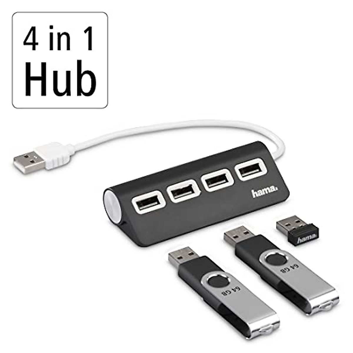 Hama 00200119 External 4-Port USB 2.0 Hub, USB Powered, Black