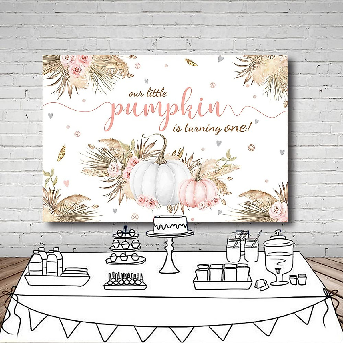MEHOFOND 7x5ft Fall Pumpkin 1st Birthday Backdrop Boho Pink Floral Our Little Pumpkin is Turning One Banner Fall Autumn First Birthday Photography Background Cake Table Smash Photo Props