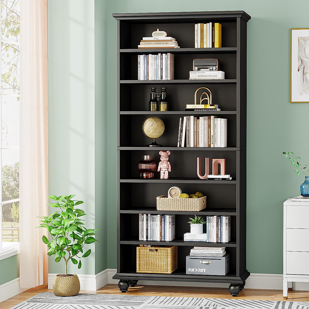 Tribesigns 69-Inch Tall Bookcase with LED Lighting, Modern 9-Tier Freestanding Bookshelf with Solid Wood Legs, Wooden Open Display Shelf Organizer for Living Room, Home Office (1, Black)