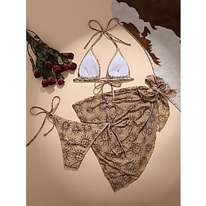 SOLY HUX Women's 3 Piece Swimsuits Print Halter Triangle Tie Side Bikini Bathing Suit with Cover Up Beach Skirt Brown XS