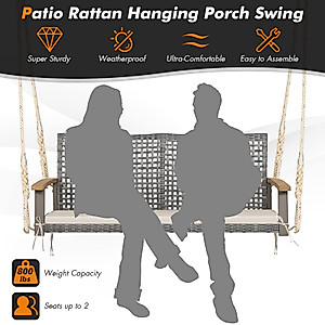 Happygrill 2-Person Patio Porch Swing Chair, Outdoor Rattan Swing Bench with Acacia Wood Armrests & Two 118” Hanging Ropes, Seat Cushion Included, Max 800 lbs White