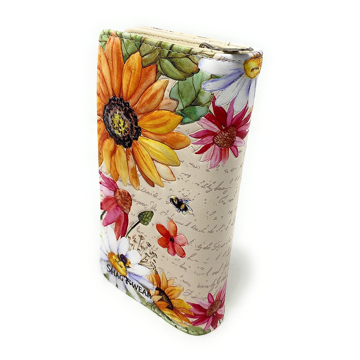 Shag Wear Sunflower Large Floral Wallet for Women and Teen Girls Vegan Faux Leather 7" Beige