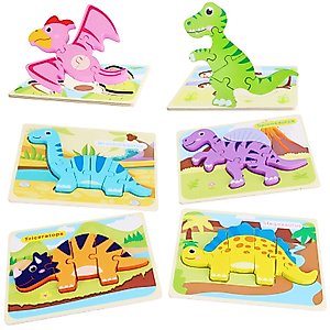 Riccioney 6 Pack Dinosaur Wooden Puzzles for Toddlers Kids Boys and Girls, Educational Puzzle Blocks Toys Preschool Kindergarten Gifts