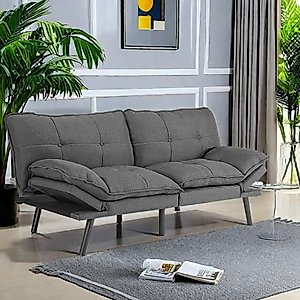 FONTOI Convertible Futon Sofa Bed, Moderm Foam Linen Fabric Loveseat Couch with Push-Pull Design for Relaxing, Sleeping, or Hosting Guests in Small Spaces, Grey