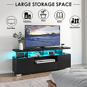 Modern TV Stand with Power Outlet, TV Console with LED Lights, TV Stand for 65 inch TV, Gaming Entertainment Center with Storage Cabinet and Large Storage, TV Stands for Living Room, Bedroom, Black