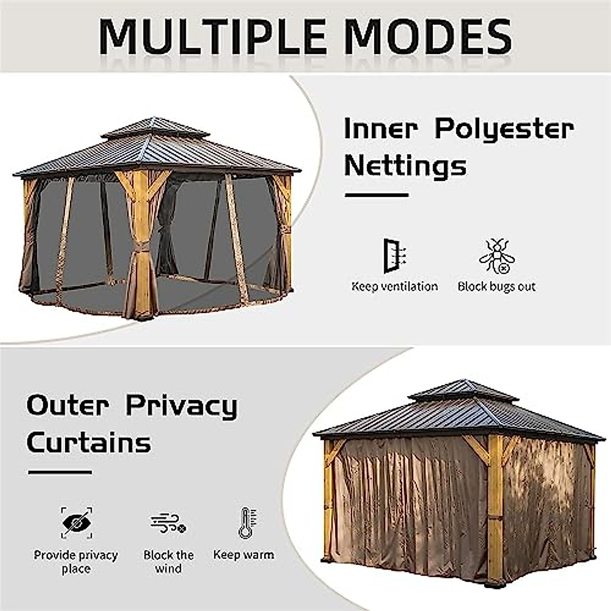 Evedy Gazebo 12x12, Hardtop Gazebo, Outdoor Cedar Wood Frame Canopy with Galvanized Steel Double Roof, Outdoor Permanent Metal Pavilion with Curtains and Netting for Patio, Backyard and Lawn