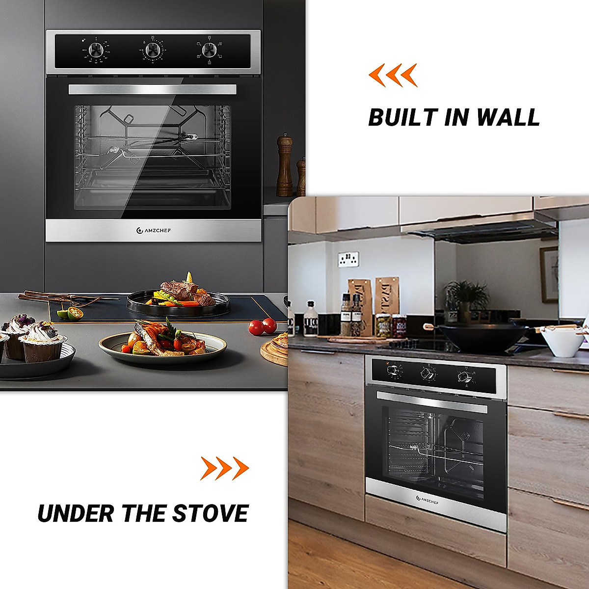 AMZCHEF 24" Single Wall Oven, 2.65 Cu.ft. Built-in Electric Wall Oven with 5 Cooking Functions, 360° ROTATING ROTISSERIE, 2200W, Mechanical Knobs Control, Timer, Stainless Steel Wall Oven for Kitchen