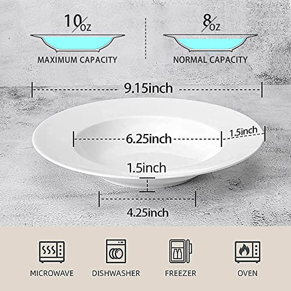 Artena 10 Ounce Pasta Bowls Set of 4, Elegant White Soup Bowls, Wide Rim Salad Bowl, Premium Porcelain Pasta Plate Bowl, Shallow Soup Plates for Eating, Microwave Dishwasher Oven Safe Bowls