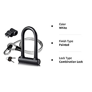 DINOKA Heavy Duty Bike U Lock with 4ft Flex Bike Cable and Sturdy Mounting Bracket - 16mm, White