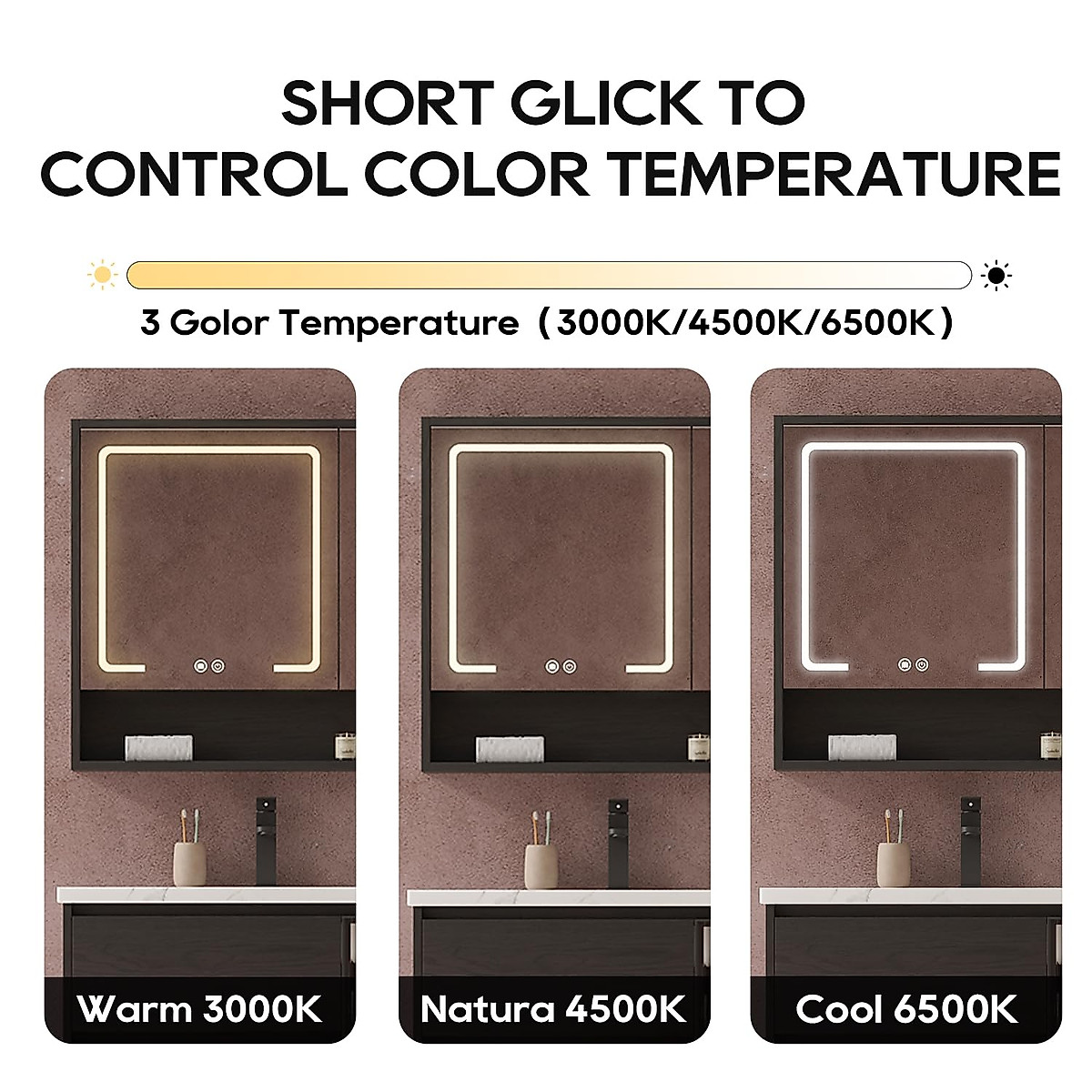 AmpleCharmic 24'' Medicine Cabinet Mirror, Barhroom Medicine Cabinet with LED Light, 3-Color, Dimmer, Defogger, Greywalnut