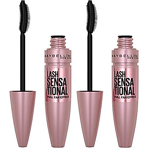 Maybelline Lash Sensational Washable Mascara, Lengthening and Volumizing for a Full Fan Effect, Blackest Black, 2 Count