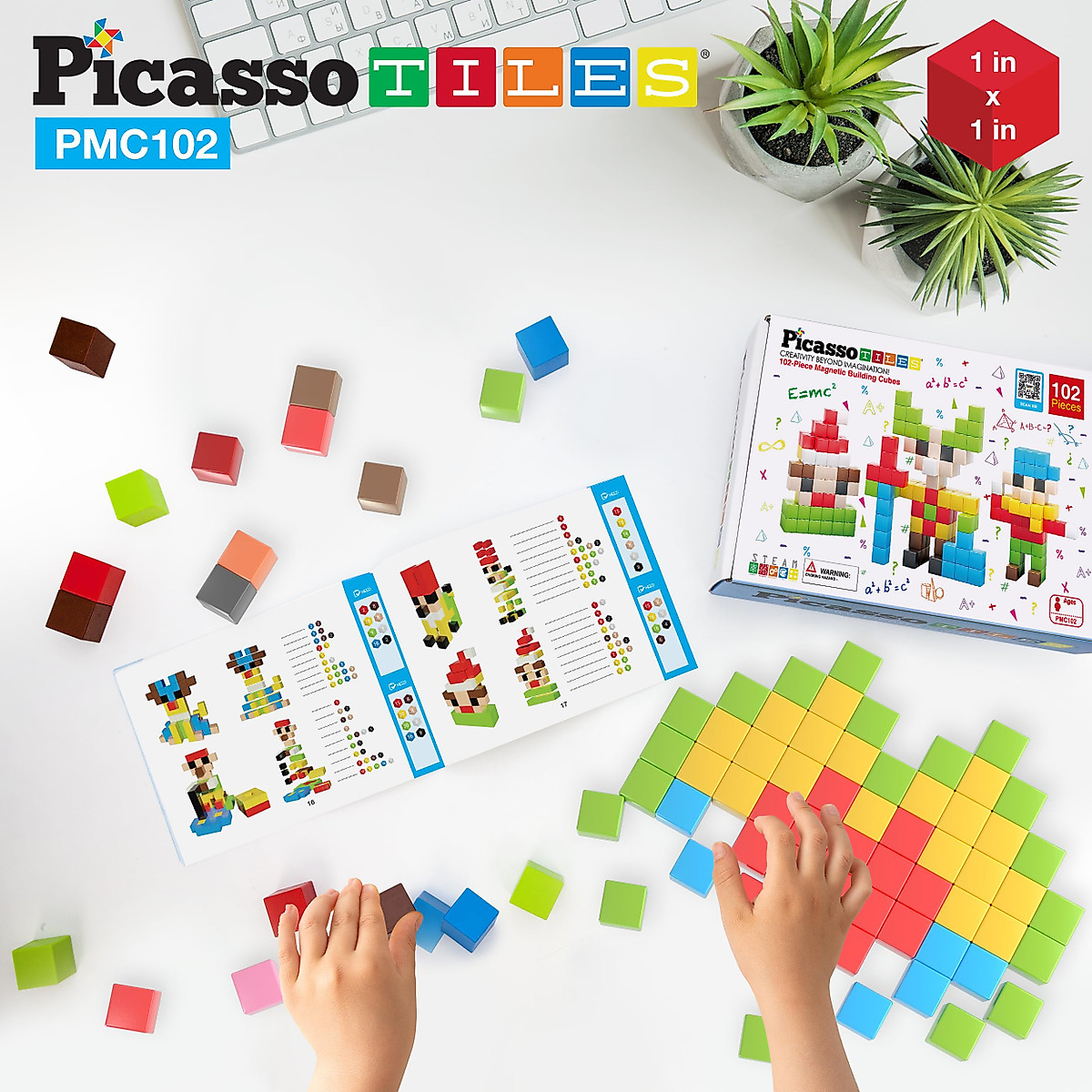 Picasso Cubes Kids Pixel 1” Magnetic Puzzle Cube 102 Piece Mix & Match with FREE Idea Book Sensory Toys STEAM Education Learning Building Block Magnets Construction ToySet Stacking Magnet Creative Kit