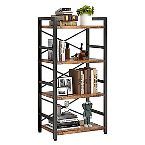 Homeiju Bookshelf, 4 Tier Small Bookcase, Organizers and Storage, Metal Small Bookcase, Rustic Book Shelf Organization and Storage for Living Room, Bedroom, and Home Office(Rustic Brown)