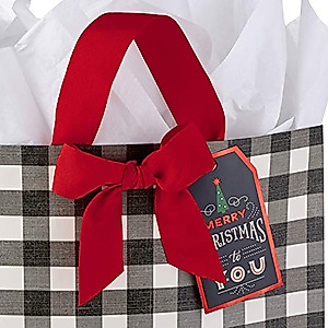 Hallmark 15" Extra Large Christmas Gift Bag with Tissue Paper (Black and White Buffalo Plaid with Red Bow)