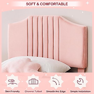 GAOMON Pink Twin Bed Frame for Girls, Upholstered Platform Bed Frame with Headboard, Strong Wooden Slats Support, Velvet Fabric Wrap, No Box Spring Needed, Easy Assembly (Pink)