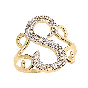 Initial Rings 14k Yellow Gold Modern Cursive 'S Diamond (Size 7)
