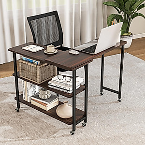 Giantex 360° Free Rotating Sofa Side Table, Mobile L-Shaped Laptop Desk with Sturdy Metal Frame, 6 Universal Casters, Movable Couch Snack Table with 2-Tier Storage Shelf for Home (Walnut)