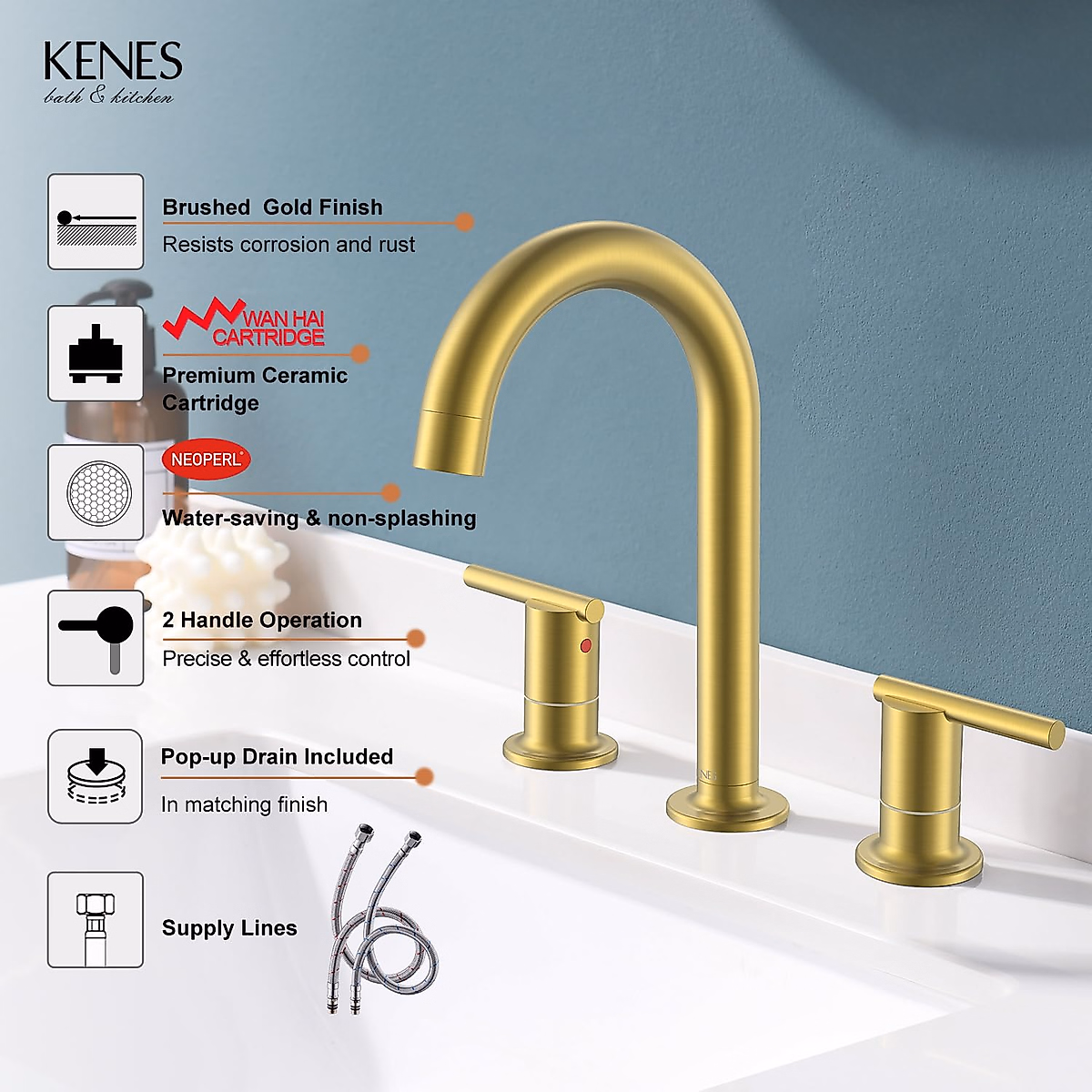 KENES Brushed Gold Two Handle 8 Inch Widespread Bathroom Sink Faucet, Gold High Arc Lavatory Vanity Sink Faucet 3 Hole with Pop Up Drain & Water Supply Hoses LJ-9018-4