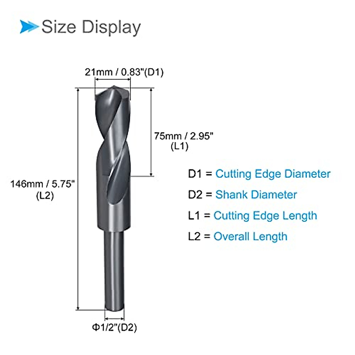 CoCud Reduced Shank Drill Bit, 21mm Cutting Edge 1/2" Shank, Nitride Coated High Speed Steel 6542 Twist Drill Bits - (Applications: for Stainless Steel Metal Wood)