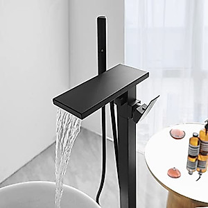 Hoimpro Freestanding Bathtub Faucet Waterfall Tub Filler Matte Black Floor Mount Brass Single Handle Bathroom Tub Faucets with 2 Function Hand Shower Wand