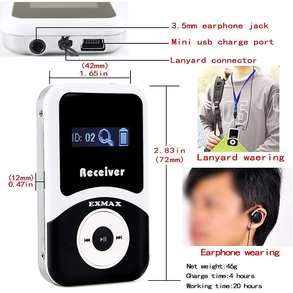 EXMAX® ATG-100T 195MHZ Wireless Tour Guide System Translator Headset Device Channel 99 Social Distancing Assisted Listening System for Churches Church Translation Meet (1 Transmitter 5 Receivers)