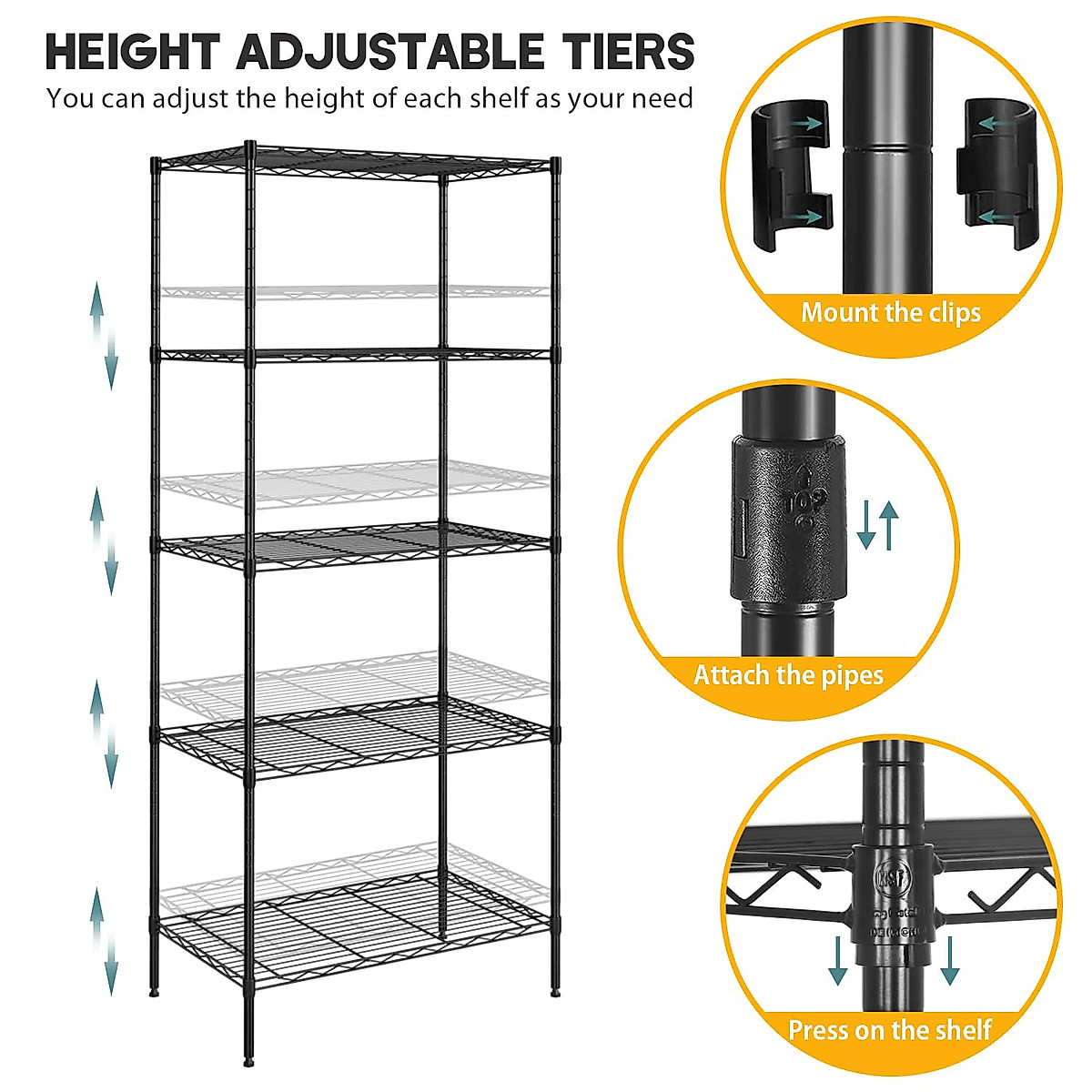 PayLessHere Shelves Shelf Wire Shelving Heavy Duty Storage 5 Tier Shelves with Adjustable Height Sturdy Steel Construction Certified by NSF Maximum 1250lbs Capacity Easy Assembly (Black, 24×14×60)