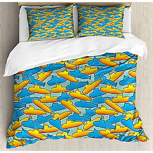 Ambesonne Yellow Submarine Duvet Cover Sets, Pop Art Style Retro Underwater Theme Classical Submarine Design Print, Bedding Set with 2 Duvet Covers & 4 Pillowcases, 2 Pack King Size, Yellow and Blue