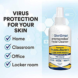 SkinSmart Antimicrobial Facial Cleanser Spray to Remove Viruses and Bacteria Around Eyes, Nose and Mouth, Fight Maskne, 8 oz Spray Non-Irritating Hypochlorous Spray