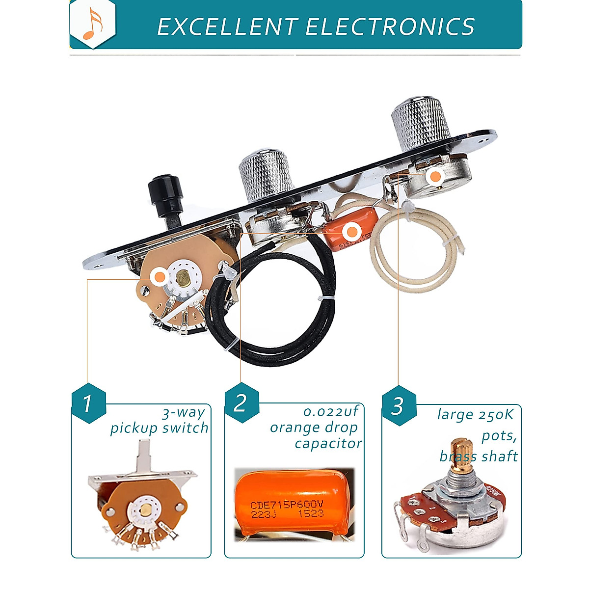 LAMSAM Fully Loaded Guitar Control Plate, Prewired 3-way Blade Switch Large Potentiometers Orange Capacitor, Knurled Volume Tone Controls Knobs Fit for Guitars with Single Coil Pickups, Chrome