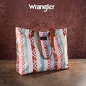 Wrangler Tote Bag for Women Aztec Printed Canvas Shoulder Handbags Large Hobo Handbags Genuine Leather Shoulder Strap,WG53-8112BR