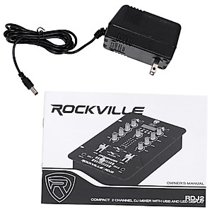 Rockville 2 Channel DJ Mixer with USB, Cue Monitor, Talkover, 4 Line Inputs (RDJ2)
