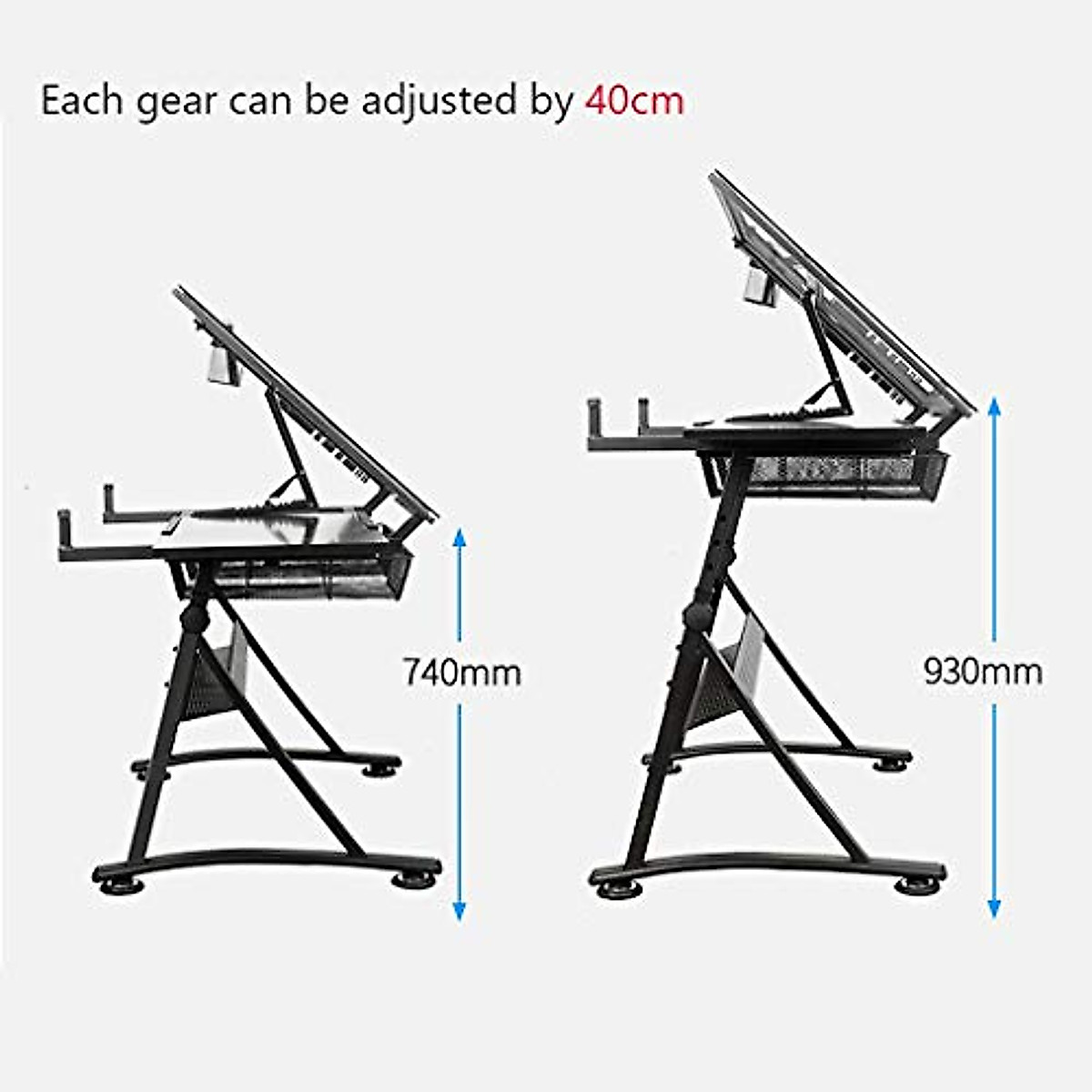 VejiA Drafting Table with Storage, Height Adjustable Tiltable Art Desk, Glass Panel Drawing Desk, for Work Study Painting Craft Table