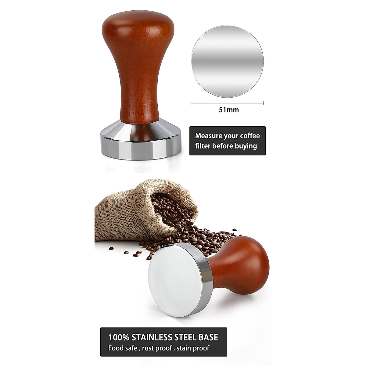 51mm Espresso Tamper-Premium Barista Coffee Tamper Coffee Tamper Classic Series Stainless Steel Espresso Tamper Coffee Press Tool Tamper Espresso Handle, 90x51mm, Solid wood, Stainless steel