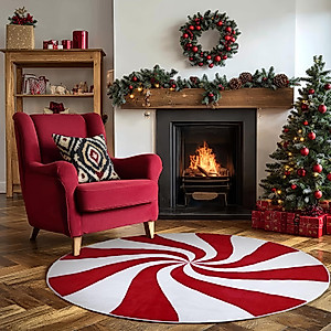 Moucuny Christmas Round Rug Large Christmas Area Rug Washable Christmas Rug Runner Non Slip Rug Carpet for Xmas Holiday Entryway Living Room Bedroom Indoor Decoration(Red,Lollipop)
