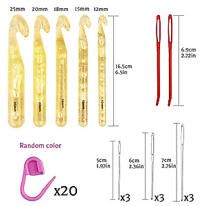 Huge Crochet Hook Set,9 Pieces Large Eye Blunt Needles,12mm-25mm Large Size Yarn Crochet Hooks Needles with 20 Stitch Markers and 2 Tapestry Needle