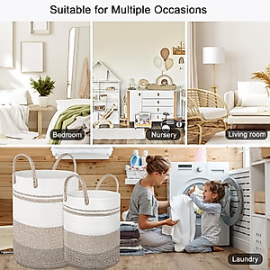 2 Pack Large Tall Rope Laundry Baskets, Cotton Laundry Hamper, Dirty Clothes Hampers Woven Basket, Blanket Basket Storage for Living Room, Dirty Clothes Baskets for Bedroom, Baby Room, 58L&28L Khaki