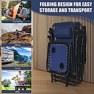 Goplus Zero Gravity Chair Set, 3 Pieces Outdoor Lounge Chair Recliners w/Side Table, Headrest and Cup Holders, Adjustable Folding Recliners and Table for Patio, Yard, Pool, Beach (Navy)