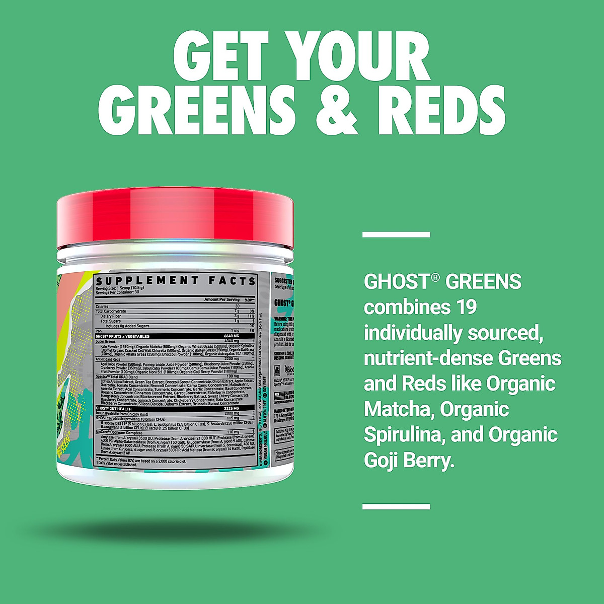 GHOST Greens Powder, Guava Berry - 30 Servings - 19 Superfood Greens & Reds Powder, Fruits, Vegetables, Spirulina, & Chlorella, Prebiotics, 10 Billion CFU Probiotic & Digestive Enzymes - Gluten-Free