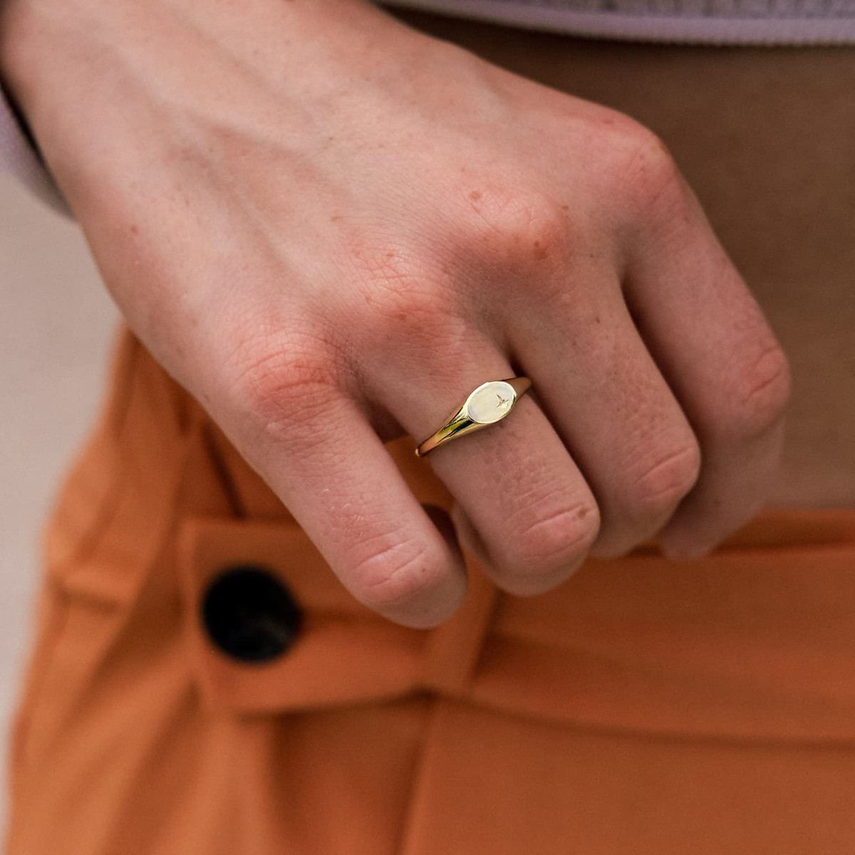 espere 18K Gold Plated Tiny Signet Ring Oval Pinky Stacking Ring North Star Dainty Gold Rings for Women