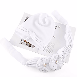 Woeoe Women African Head Wraps White Rhinestones Head Scarf Floral Pearls Beanie Cap Headwear