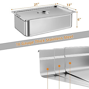 6 Pack Full Size Hotel Pan, Commercial Catering Hotel Pan, [NSF Certified][with Handle & Lid] Commercial Stainless Steel 6 Inch Deep Anti-Jamming Steam Table Pan