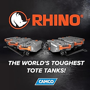 Camco Rhino 15-Gallon Portable Camper / RV Tote Tank - Features Large Heavy-Duty No-Flat Wheels & Low Drain Hole - Includes Removable Steel Tow Adapter, 3’ RV Sewer Hose & More RV Accessories (39000)