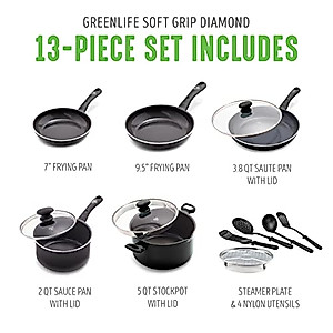 GreenLife Soft Grip Diamond Healthy Ceramic Nonstick, 13 Piece Cookware Pots and Pans Set, PFAS-Free, Dishwasher Safe, Black