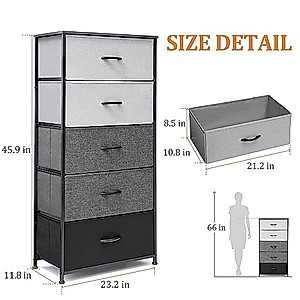 VredHom Fabric Dresser for Bedroom, Tall Skinny Dresser with 5 Wide Drawers, Storage Organizer Tower, Steel Frame Wooden Top for Closet, Living Room, Hallway, Nursery(Grey&Black)
