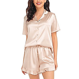 SWOMOG Satin Pajamas Women's Short Sleeve Sleepwear Ladies Silk Button Down Nightwear Pjs Shorts Set with Ruffle Hem Champagne