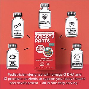 SmartyPants Baby Multi&DHA Supplement:Liquid Multivitamin with Vitamin D3, C,Vitamin B6,Biotin,Choline & Lutein, for Infants 6-24 Months,Gluten Free,Natural Fruit Flavor,30 Servings(Package May Vary)