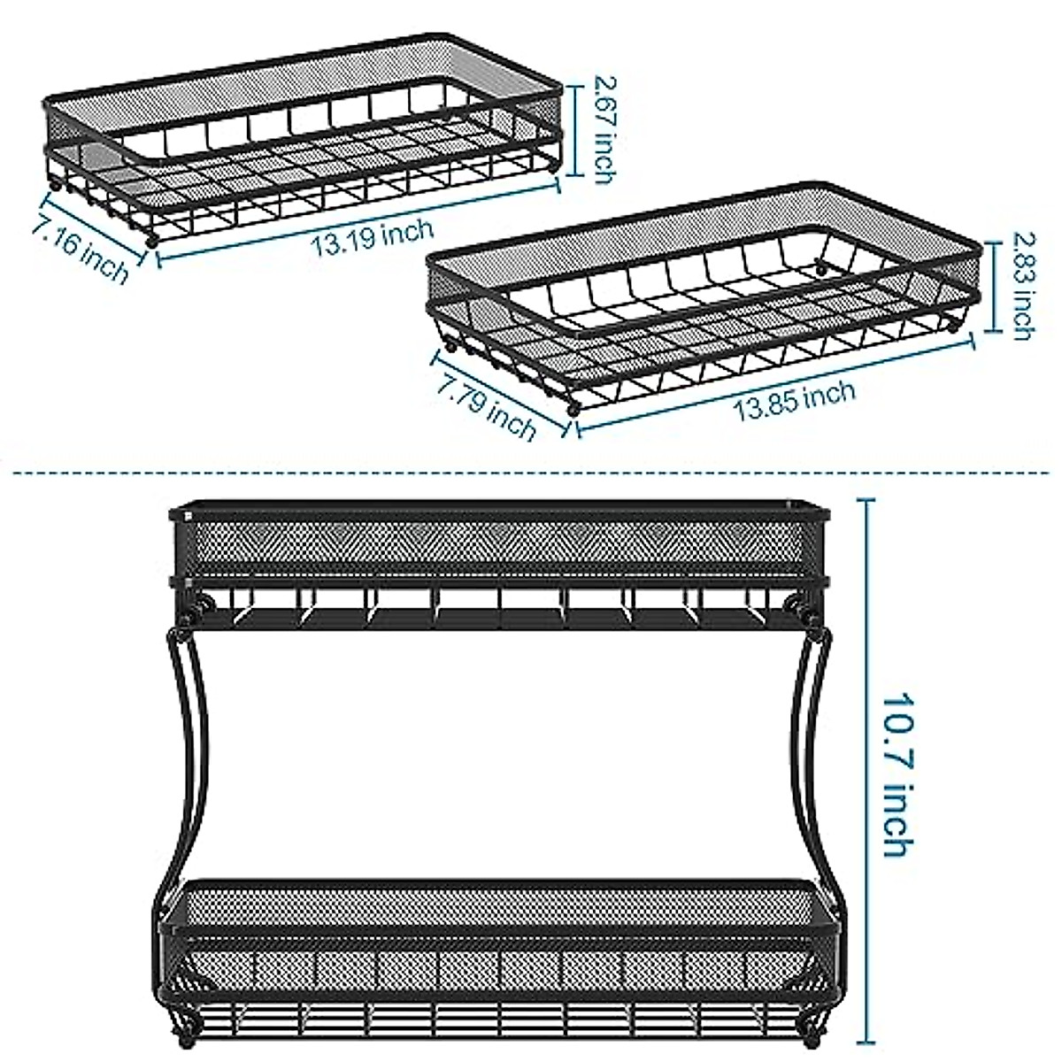iNUREYE 2 Tier Fruit Basket for Counter, Metal Fruit Basket Stand Detachable Fruit Holder Bread Vegetable Storage Basket Square Fruit Bowl for Kitchen Counter Dining Table