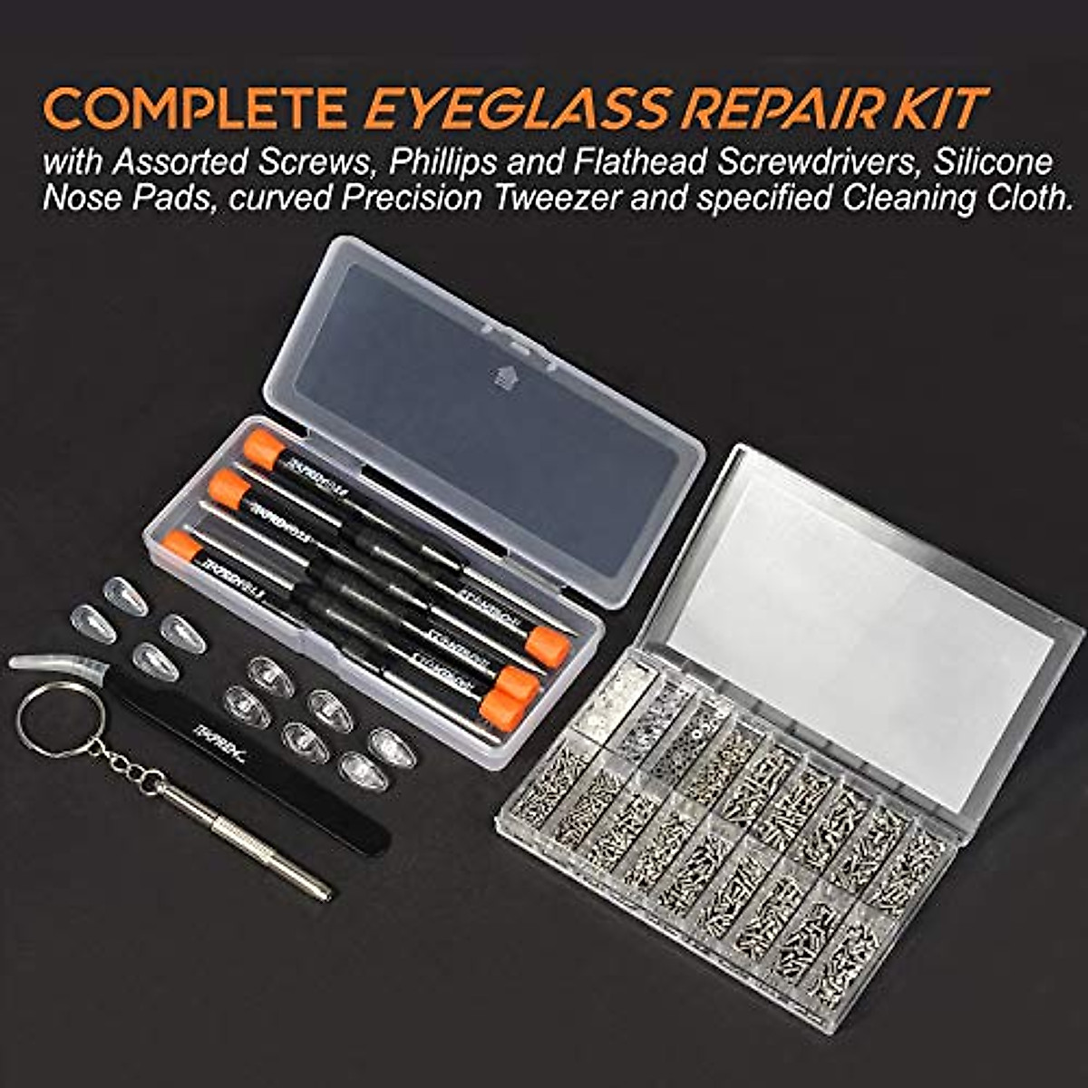 Eyeglass Repair Tools Kit, TEKPREM Glasses Screwdriver Set with Screws, Nose Pads, Phillips & Flathead Screwdrivers,Tweezer,Cleaning Cloth for Eye glasses,Sunglasses and Nose Piece Replacement