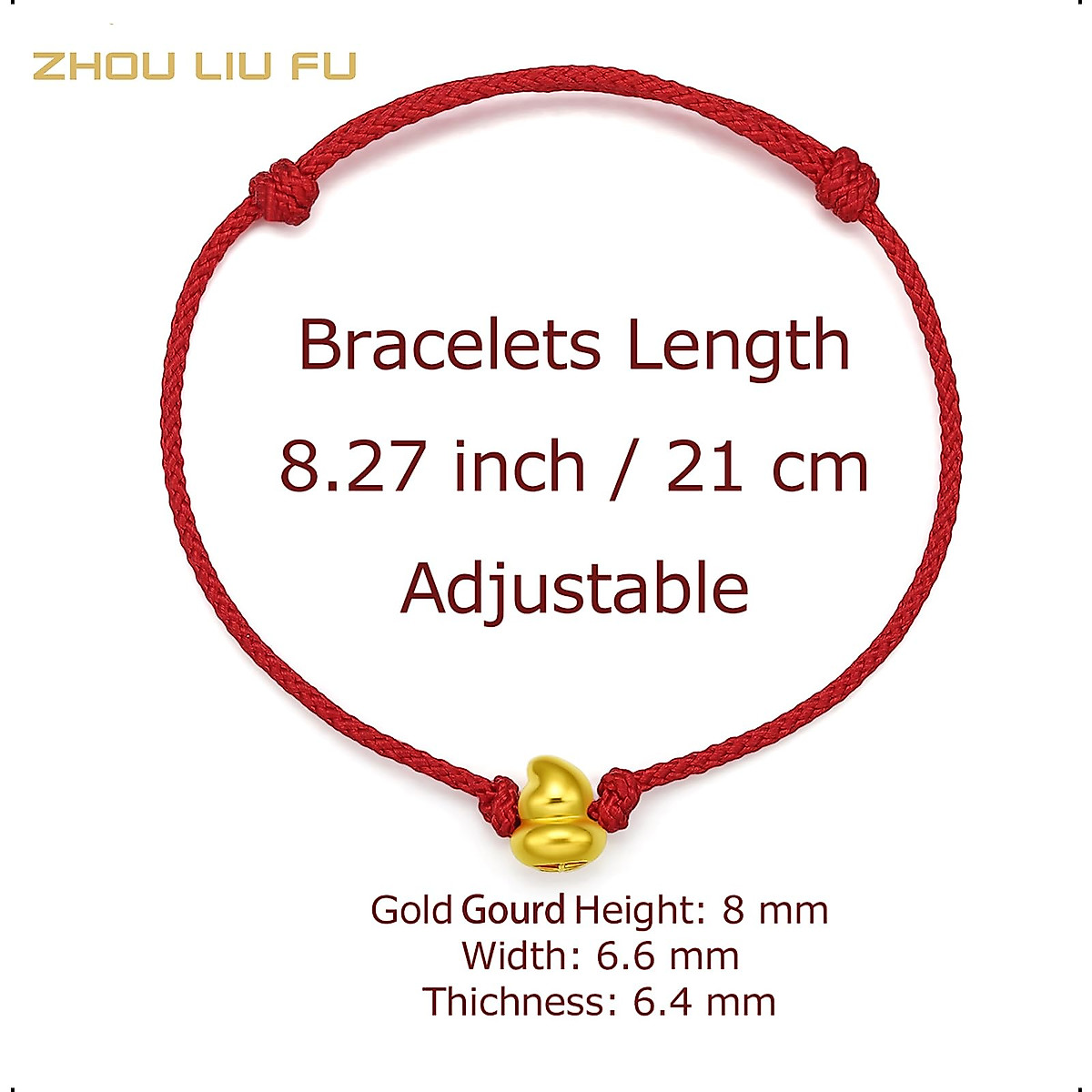 ZHOU LIU FU 24K Solid Gold Bracelets, Real Pure Gold Jewelry Adjustable Gourd Red Braided Bracelets for Women Men Teen Girls